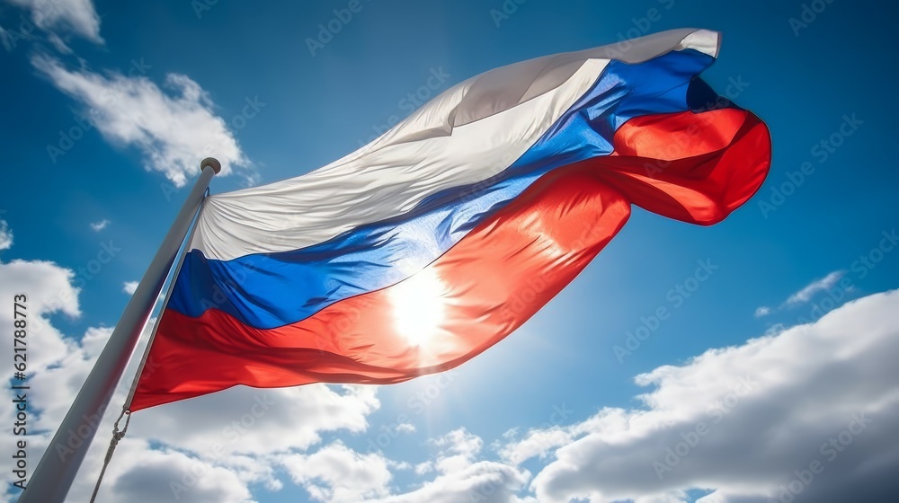 Russian flag waving in the wind on blue sky background with sun flare. Big Flag of the Russian ...