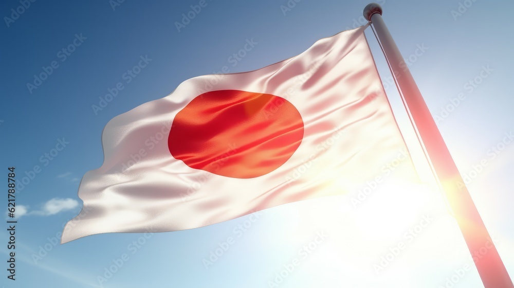 Japanese flag waving in the wind on blue sky background with sun flare ...