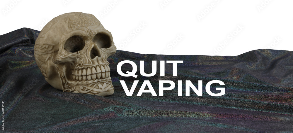 Skulls head beside the words QUIT VAPING on a dark shiny material with ...