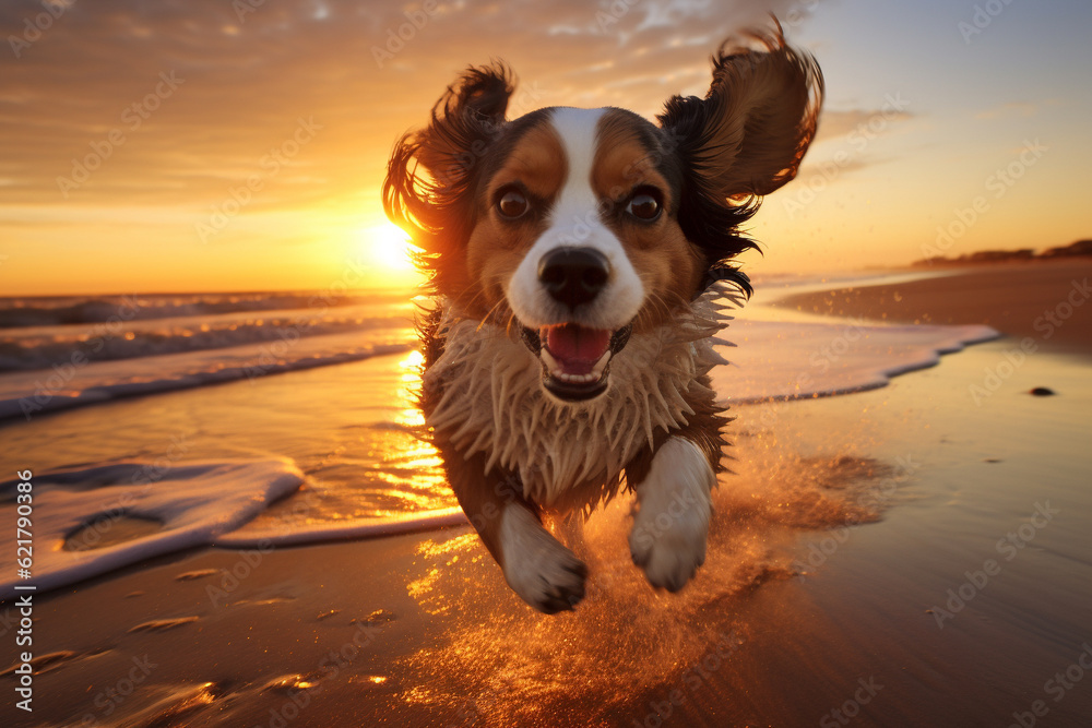 Wet dog running freely on a beach during a mesmerizing sunset. playful ...