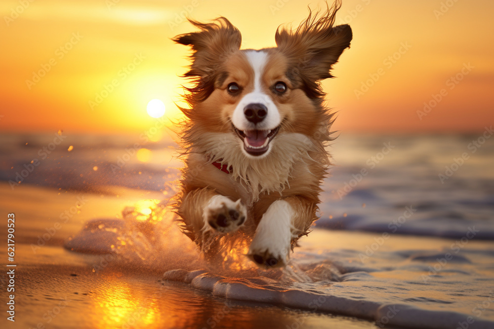 Wet dog running freely on a beach during a mesmerizing sunset. playful ...