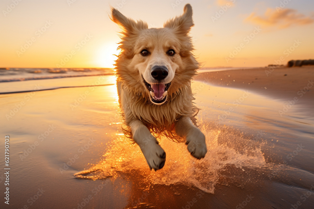 Wet dog running freely on a beach during a mesmerizing sunset. playful ...