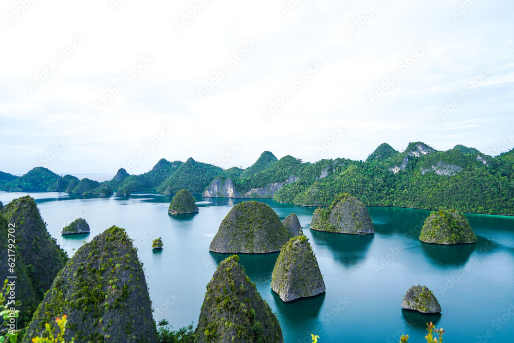View from the top of the Wayag Islands. Blue Lagoon with Green Rocks ...
