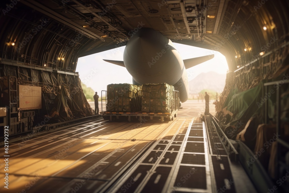 Loading transport aircraft in the hangar of cargo terminal. Large bales ...