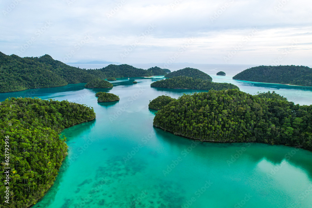 View from the top of the Wayag Islands. Blue Lagoon and limestone ...