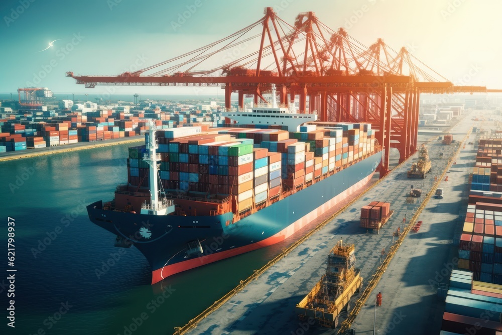 Container ship at the berth in the cargo terminal of the port. A fully ...