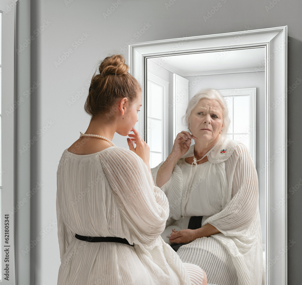 Creative conceptual collage. Young girl looking in mirror with older ...