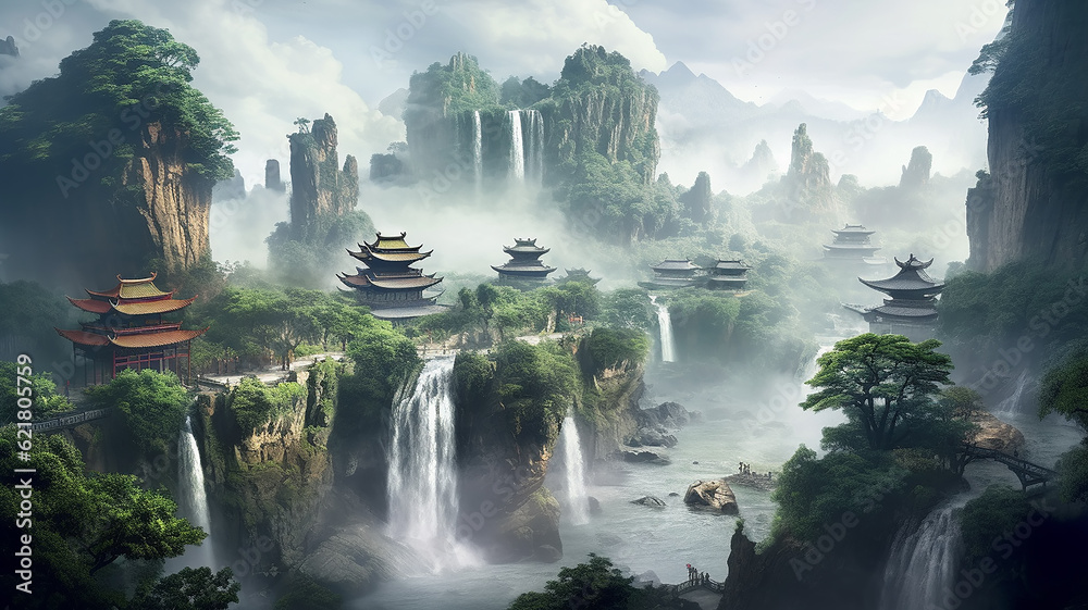 landscape in an ancient Chinese city with waterfalls and mountains ...