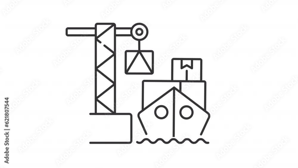Black icon animation of cargo loading and unloading in container ship ...
