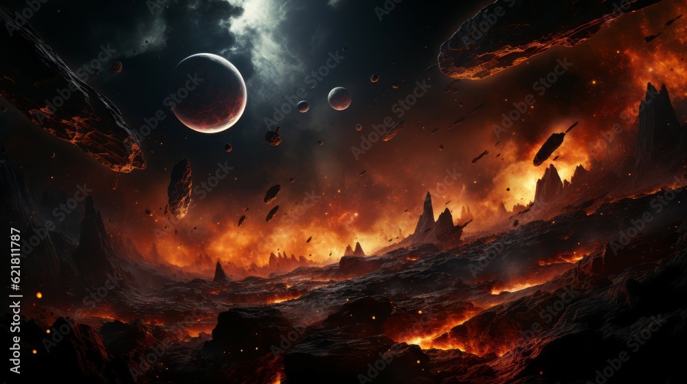 Fantasy landscape of fiery planet with glowing stars, nebulae, massive ...