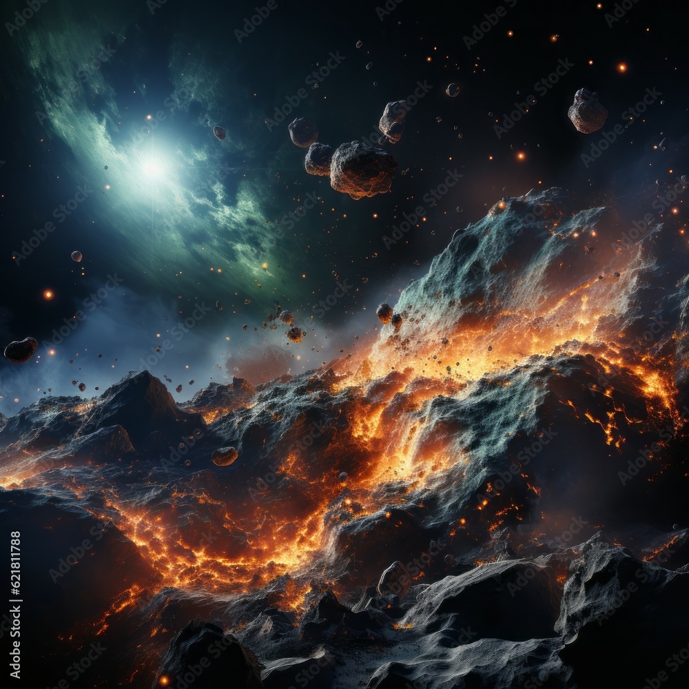 Fantasy landscape of fiery planet with glowing stars, nebulae, massive ...
