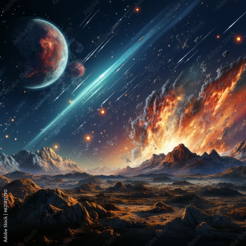 Fantasy landscape of fiery planet with glowing stars, nebulae, colorful ...