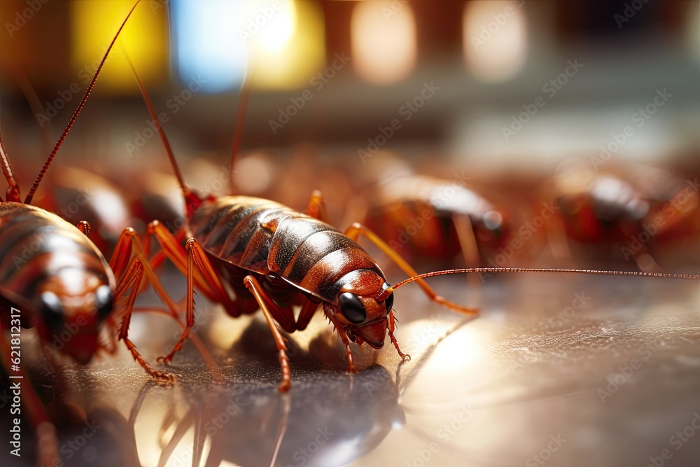 Zoomed in on a large gathering of cockroaches infiltrating a residence ...