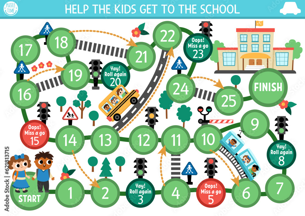 City transport dice board game for children with kids, school bus ...