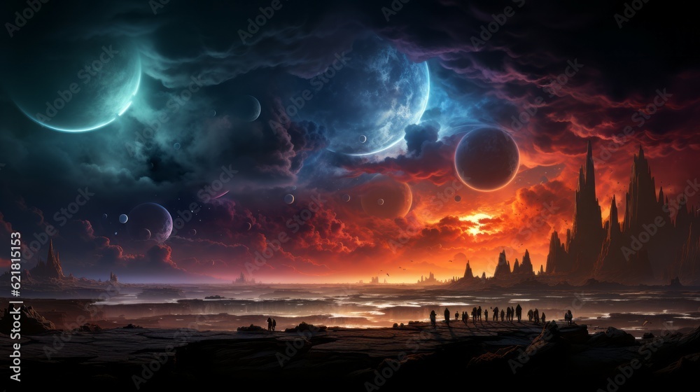 Fantasy cosmic landscape with mountains, lake, hilly terrain on the ...