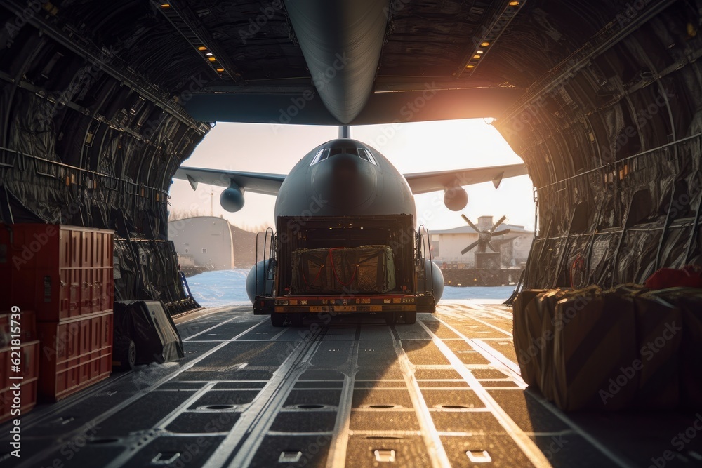 Loading transport aircraft in the hangar of cargo terminal. Large bales ...