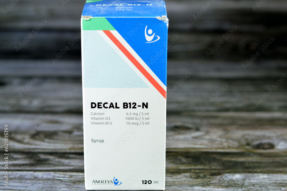 Cairo, Egypt, June 26 2023: DECAL B12 – N SYRUP 120 ML, For prevention ...
