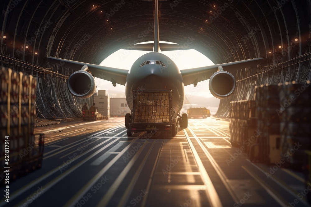 Loading transport aircraft in the hangar of cargo terminal. Large bales ...