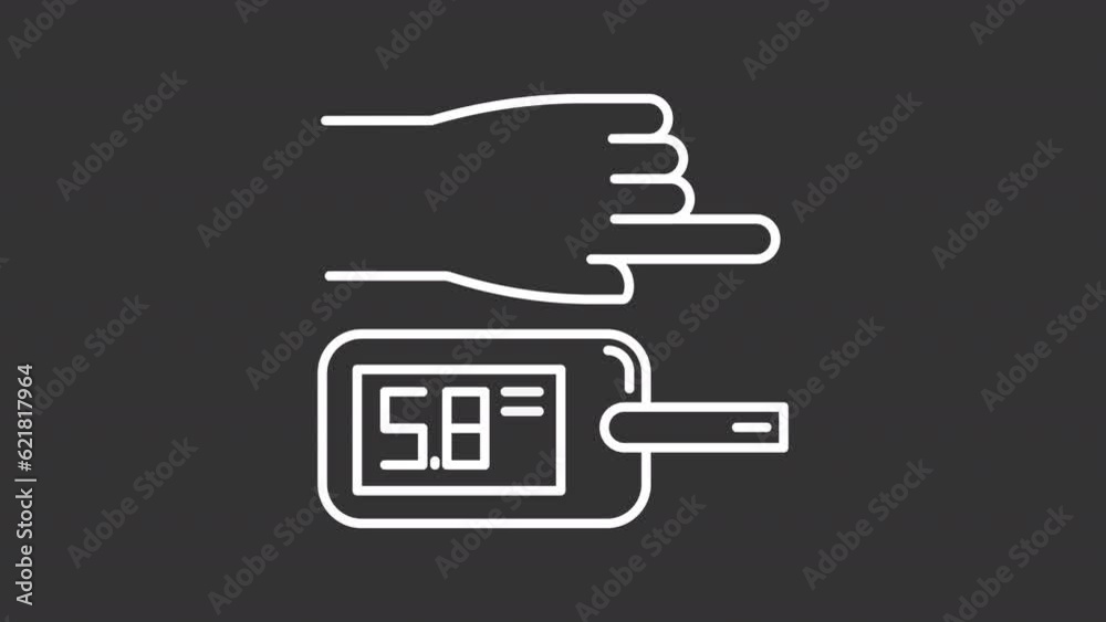 Animated glucose test white icon. Hand applying blood drop on ...