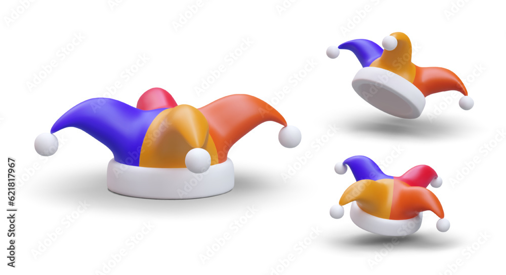 3d jester cap set. Isolated templates with hat in blue, orange and red ...