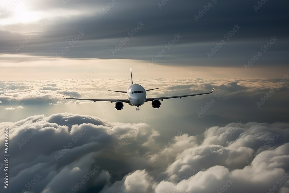 Airplane flies clouds. Generate Ai Stock Photo | Adobe Stock