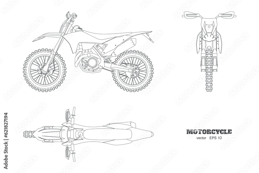 Isolated outline cross motorcycle. Line motorbike art. Front, side, top ...