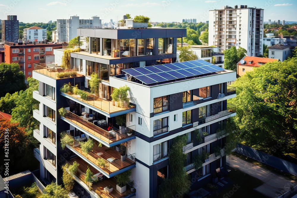 Apartment house with a flat roof and a small solar system for ...