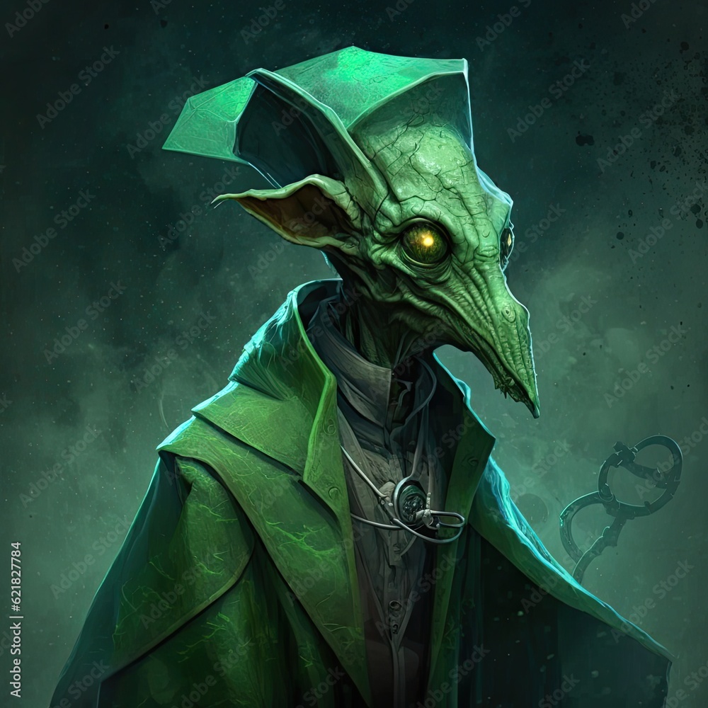 alien plague doctor with mask, hat and green medieval outfit, green ...
