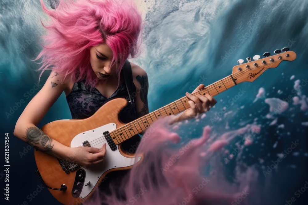 Punk girl with pink hair style playing guitar with passionate while ...