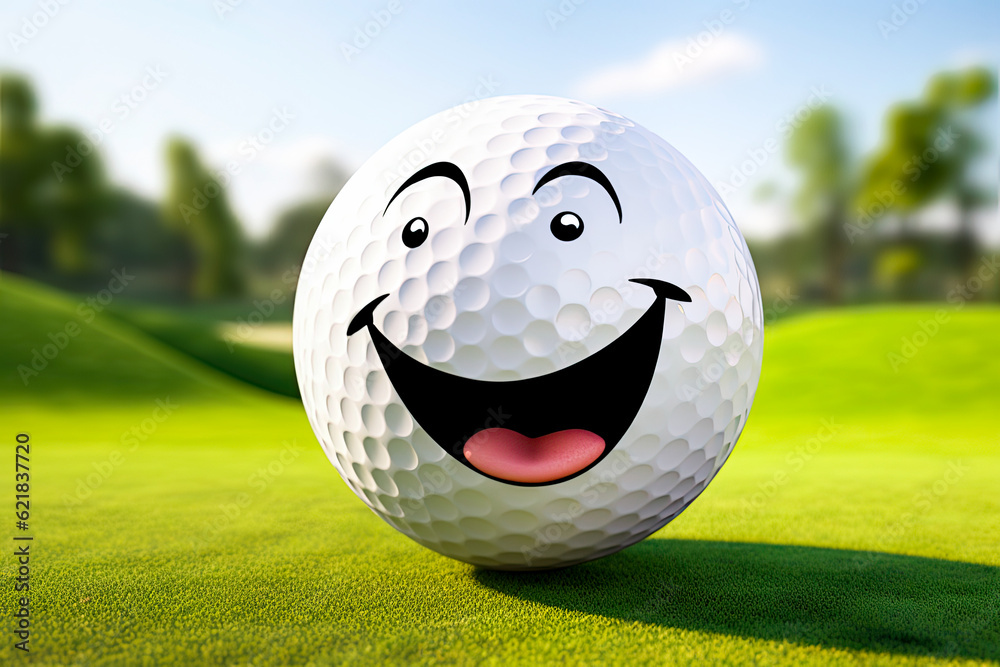 Smiling white golf ball on green grass with course background. Happy ...