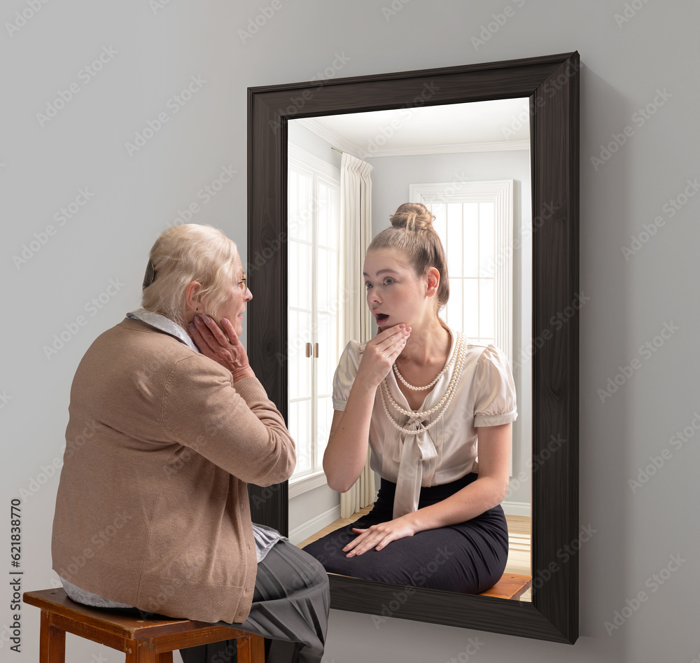 Creative conceptual collage. Senior woman looking in mirror and ...