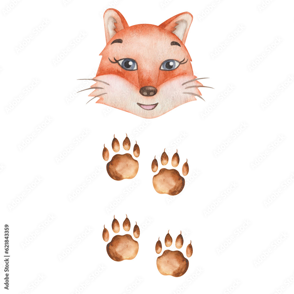 Watercolor illustration. Hand painted orange fox with fluffy cheeks ...
