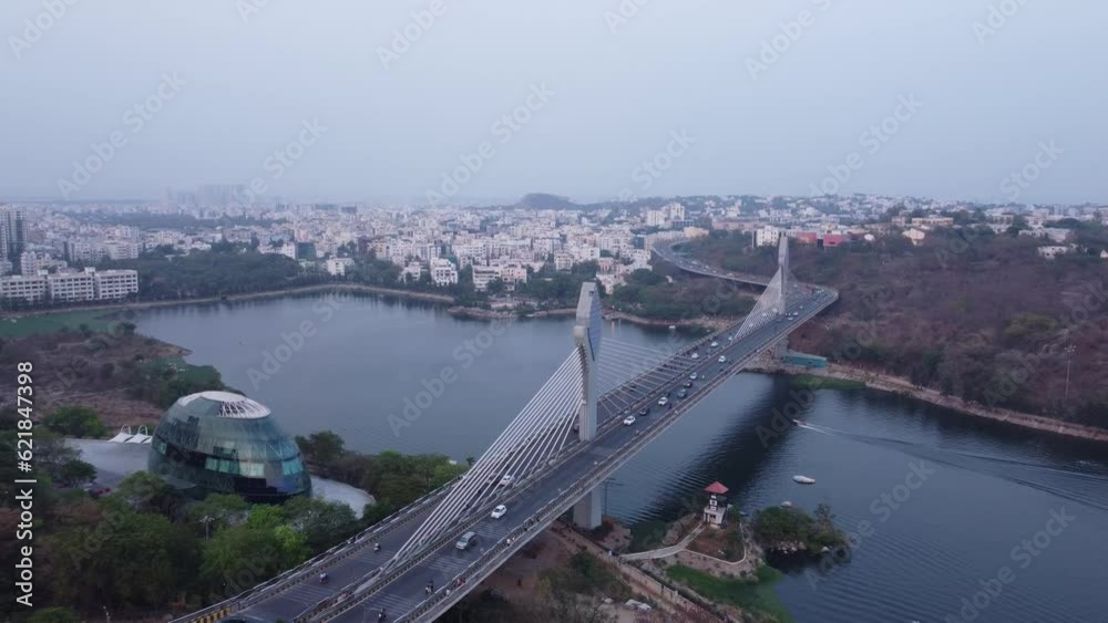 Drone shot of the Durgam Cheruvu Cable Bridge on the Durgam Cheruvu ...