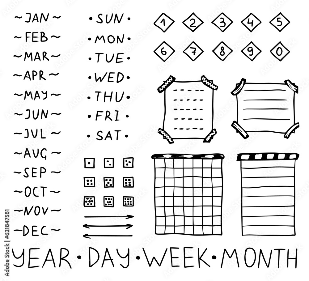Bullet journal doodle set. Hand drawn elements, numbers, month names ...
