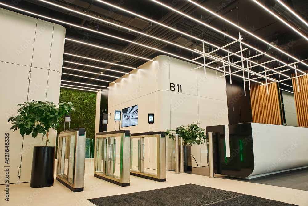entrance of office center, spacious lobby, high tech interior, entrance ...