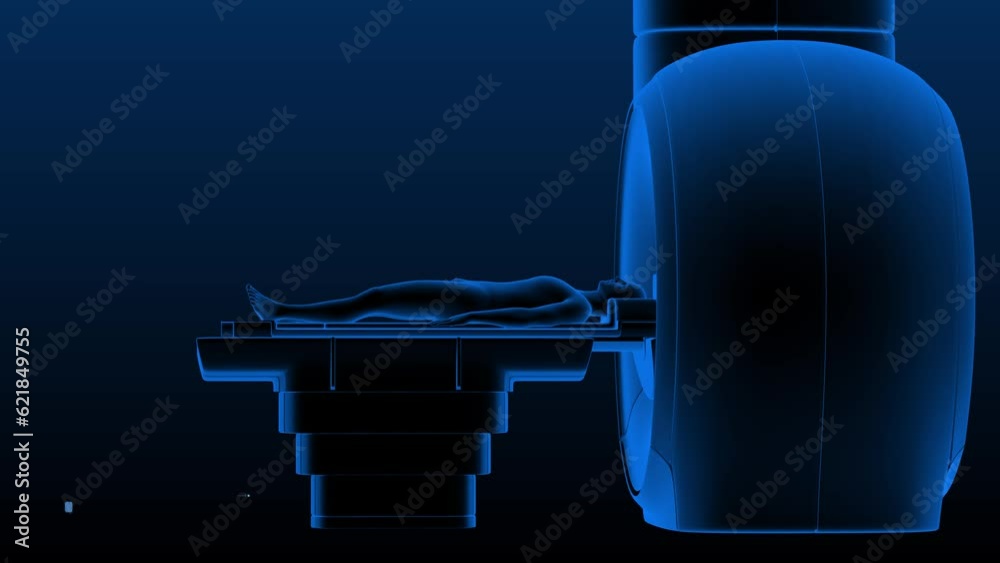 The patient moves in the MRI scanner and an MRI of the brain appears on ...