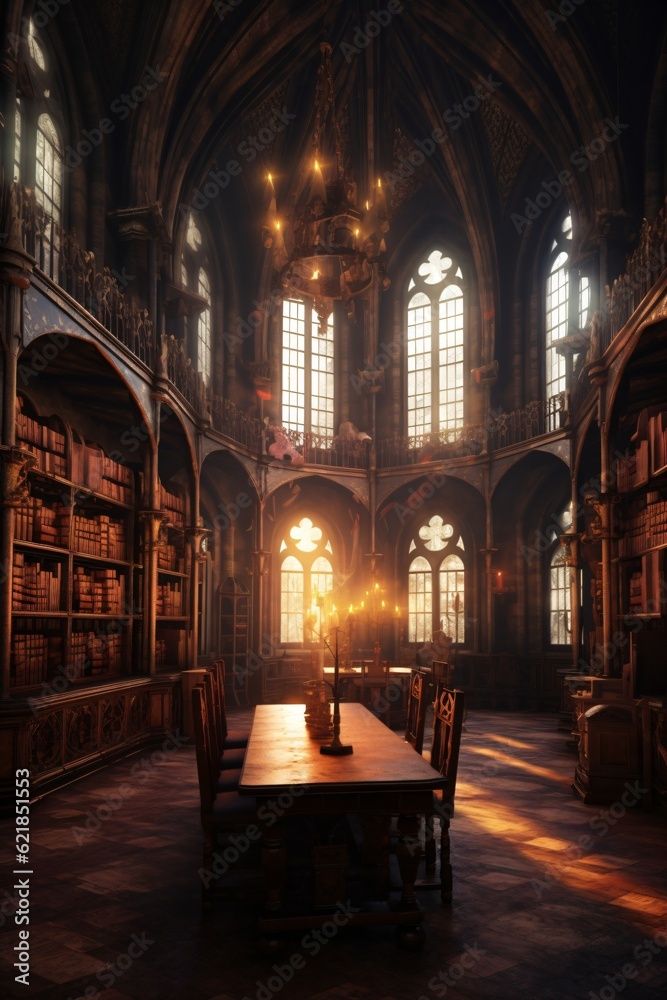 medieval library, gothic reading room interior with desks, old ...