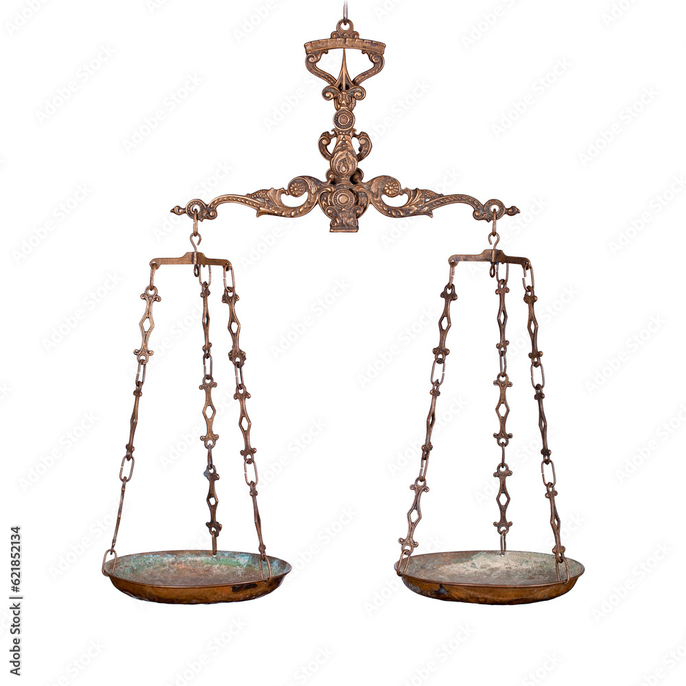 Antique rusty balance scale isolated on white background. Justice and ...