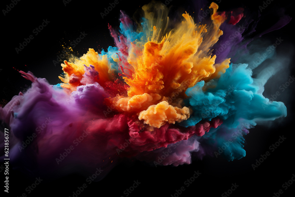 Colorful rainbow holi paint color powder explosion isolated black ...