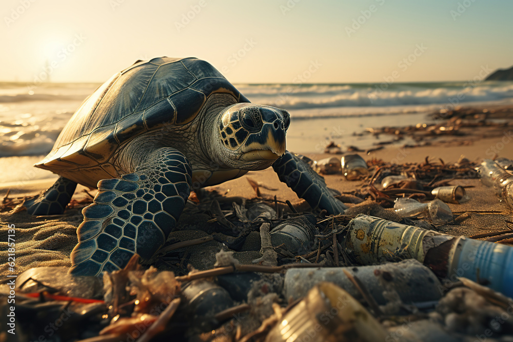 Turtle swimming among trash underwater, plastic waste in sea water ...