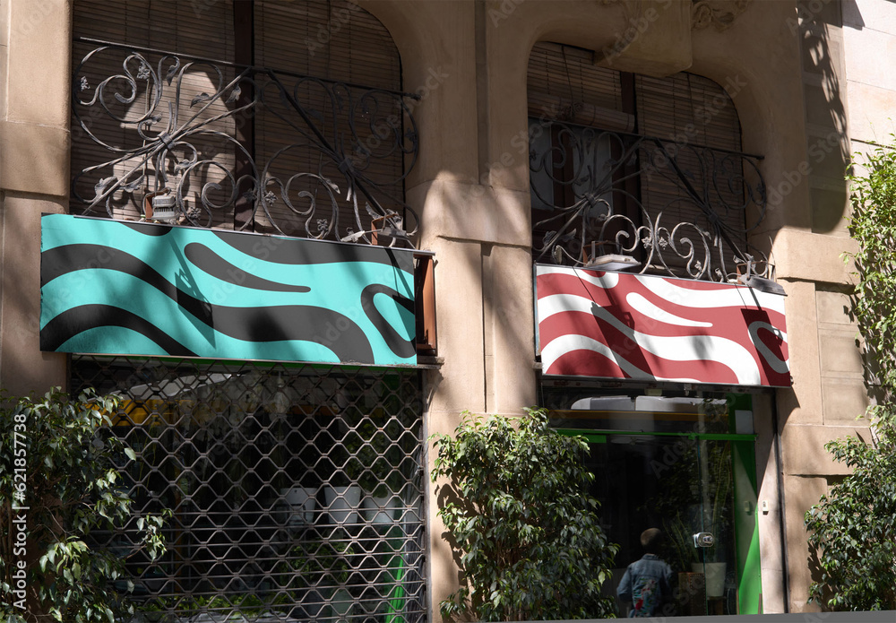 Mockup of two customizable signs on apartment balcony Stock Template ...