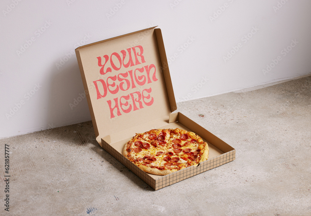 Mockup of customizable open cardboard pizza box on floor Stock Template ...