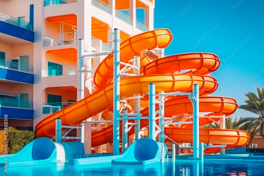 Beautiful water park with colorful water slides. Summer vacation family ...