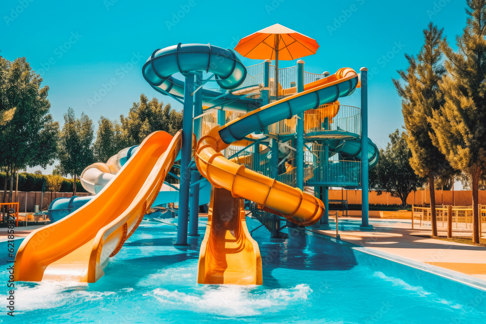 Beautiful water park with colorful water slides. Summer vacation family ...