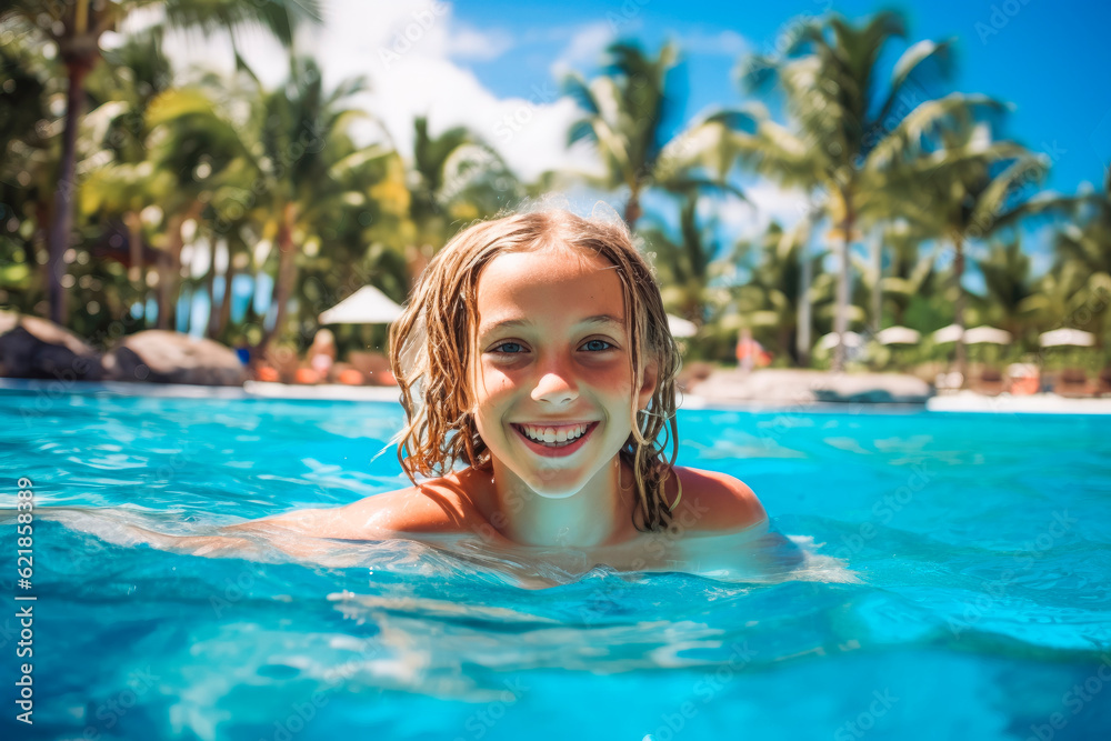 Young tween girl in resort pool portrait. Summer vacation in luxury ...