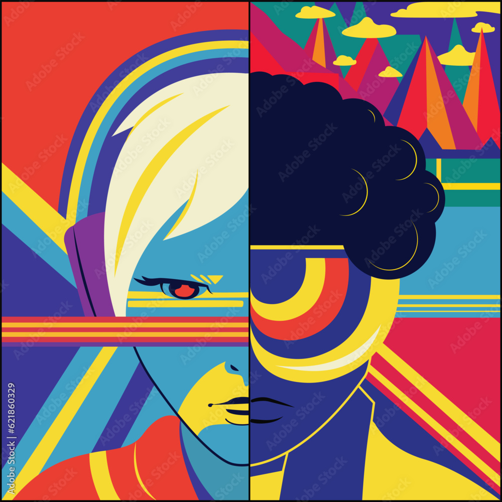 Vecteur Stock Abstract half faces man and woman in 80s style with ...