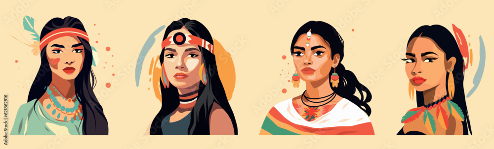 Set of avatars icons of native american girls. Portraits of young women ...