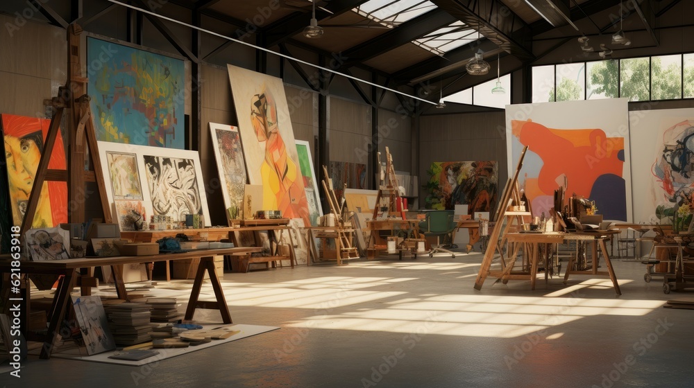 the inside of a warehouse, converted into a creative art studio, walls ...