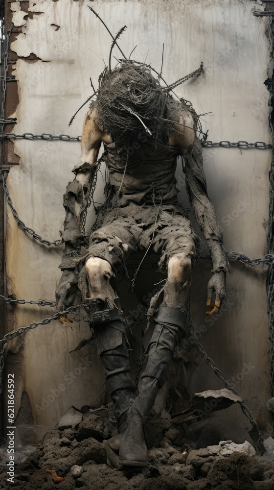 full body photo of prisoner shackled to a crumbling wall, barbed wire ...