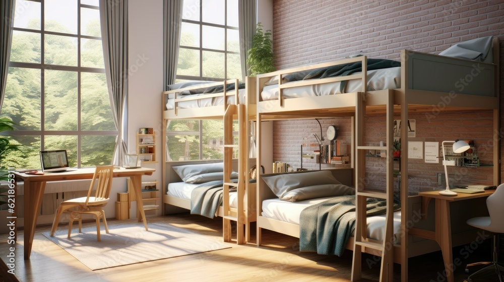 four-person student dorm room, bunk bed, neat and clean, minimalist ...